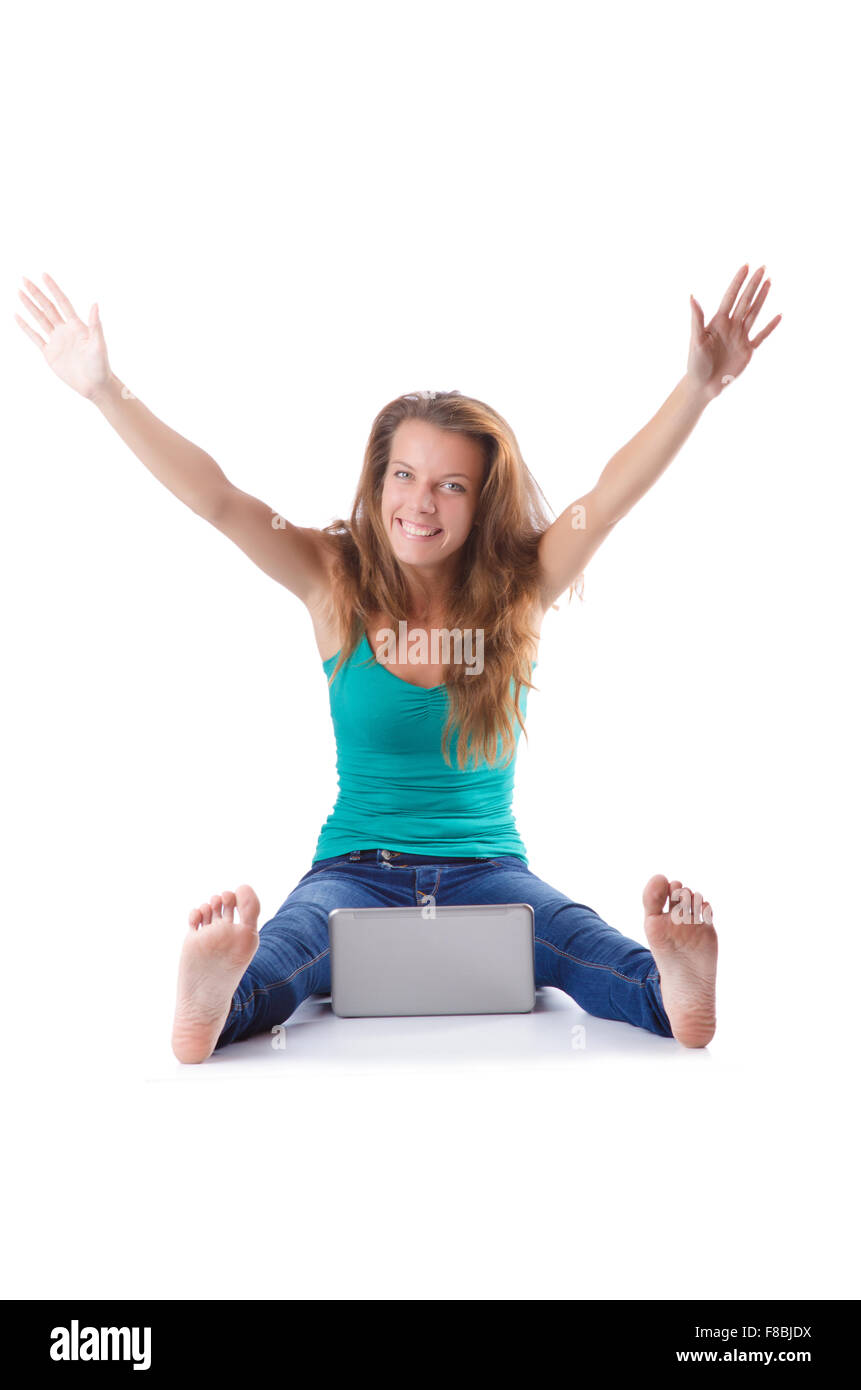 Pretty girl using laptop isolated on white Stock Photo - Alamy