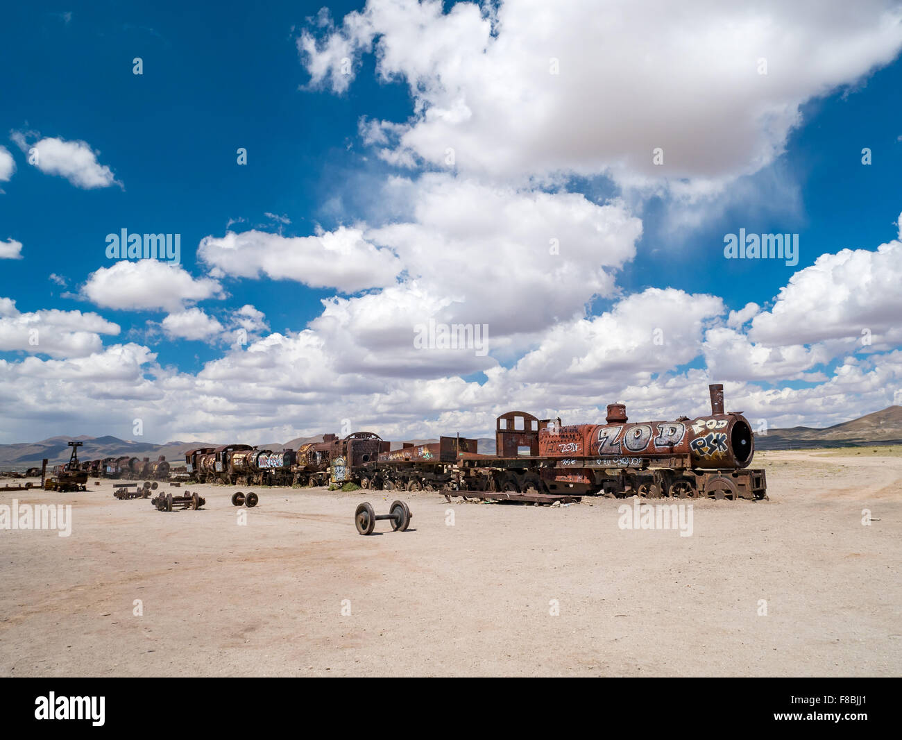Vintage rusty train at the Train Cemetery in Uyuni desert, Bolivia ...