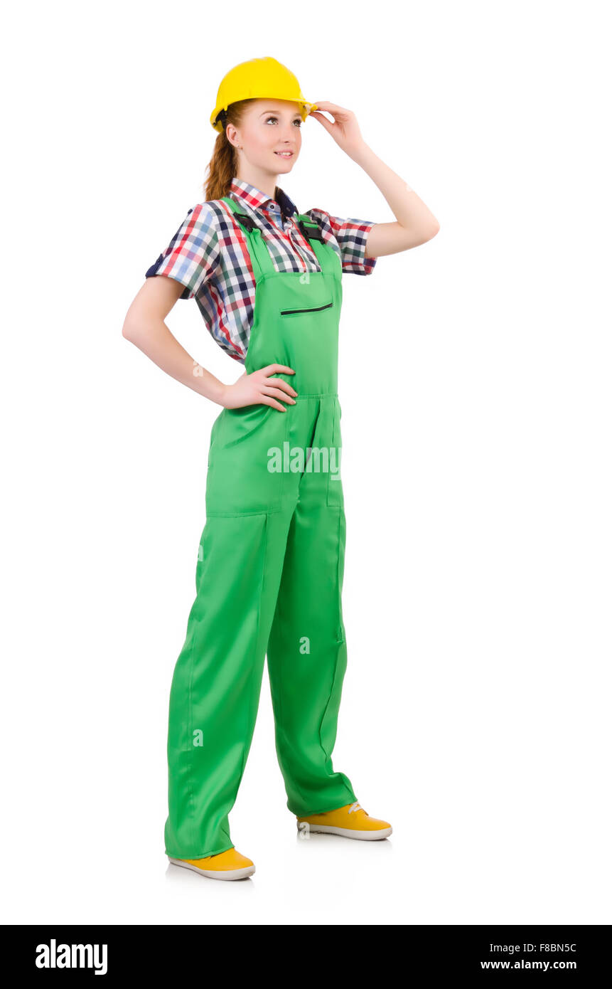 Female handyman in overalls isolated on white Stock Photo - Alamy