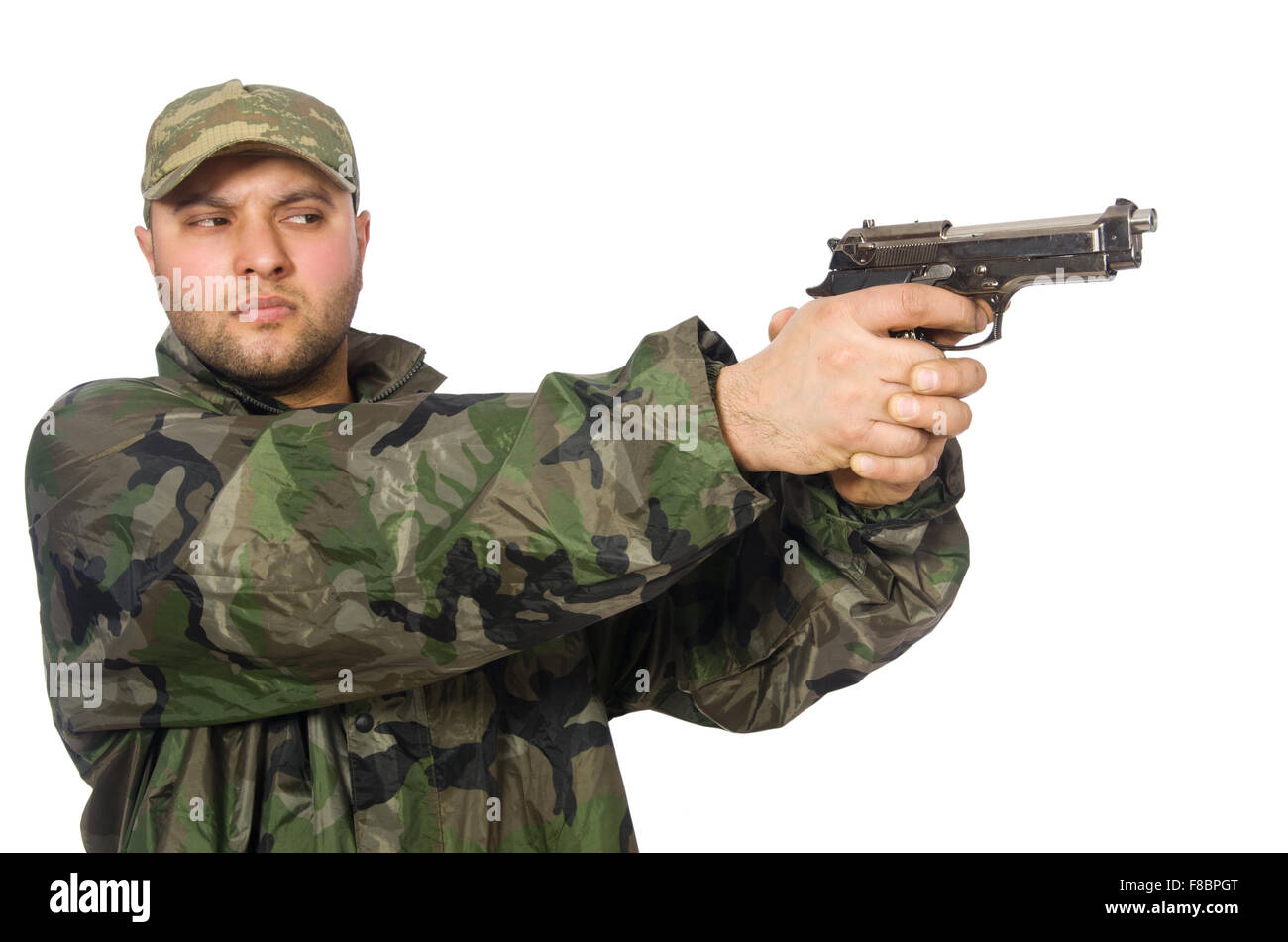 Solider holding gun isolated on white Stock Photo - Alamy