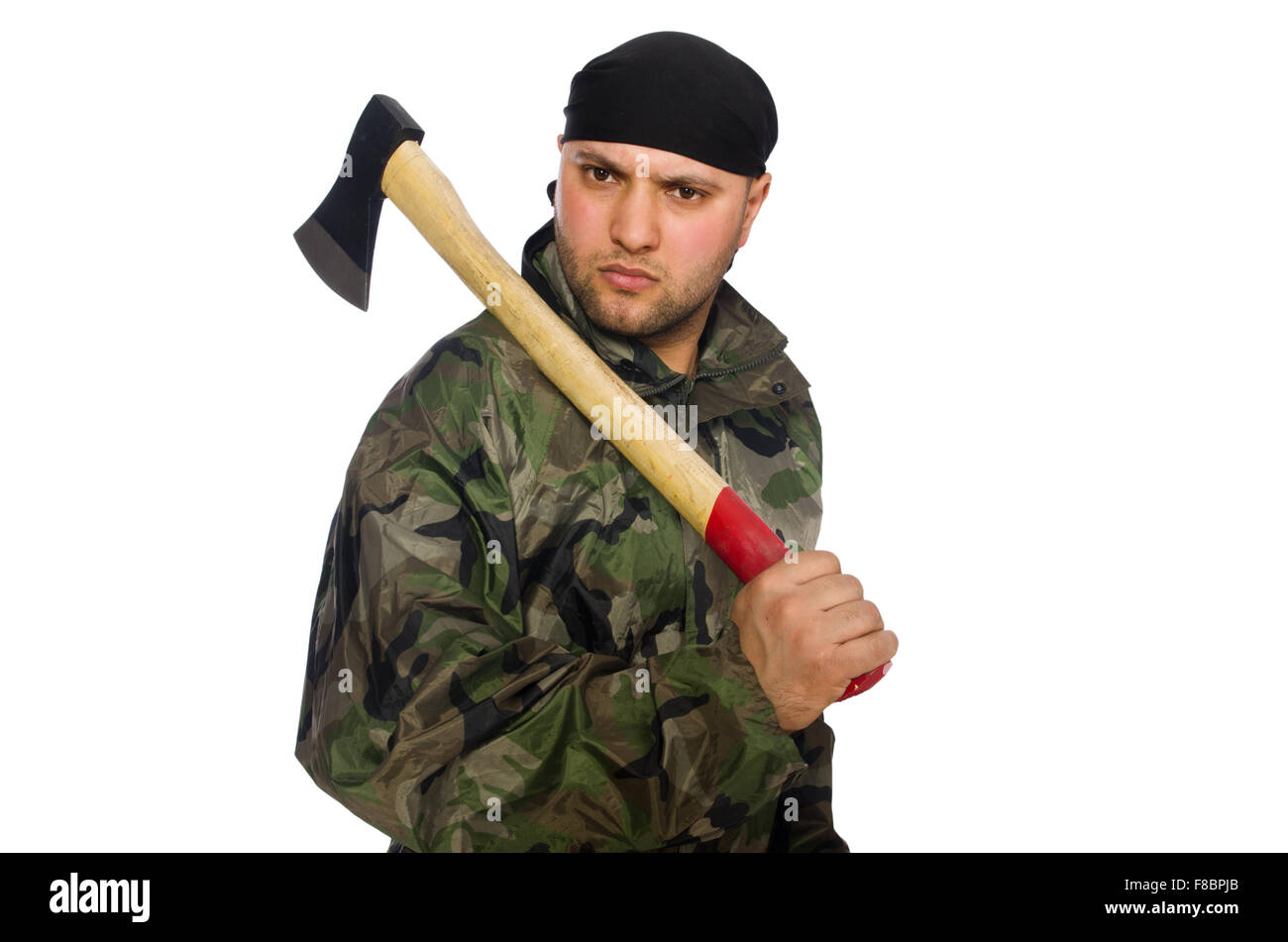 Young man in soldier uniform holding axe isolated on white Stock Photo ...