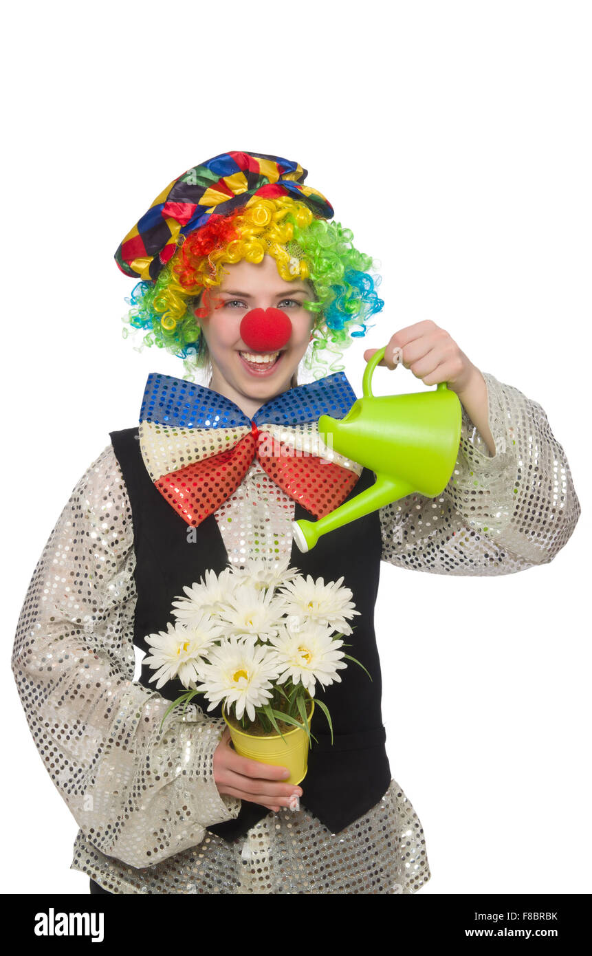 Female clown with flowers isolated on white Stock Photo - Alamy