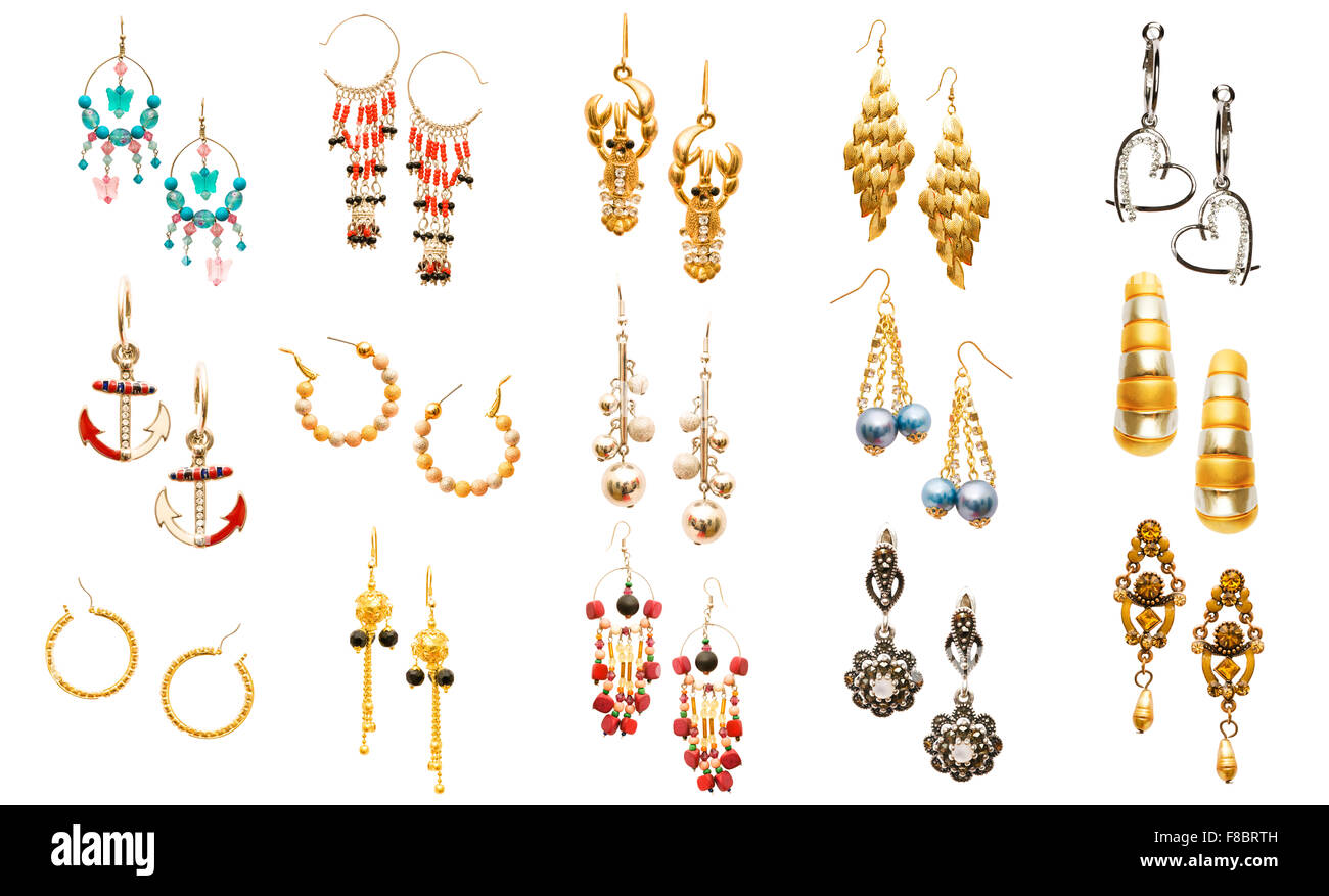 Set of various earrings isolated on white Stock Photo - Alamy