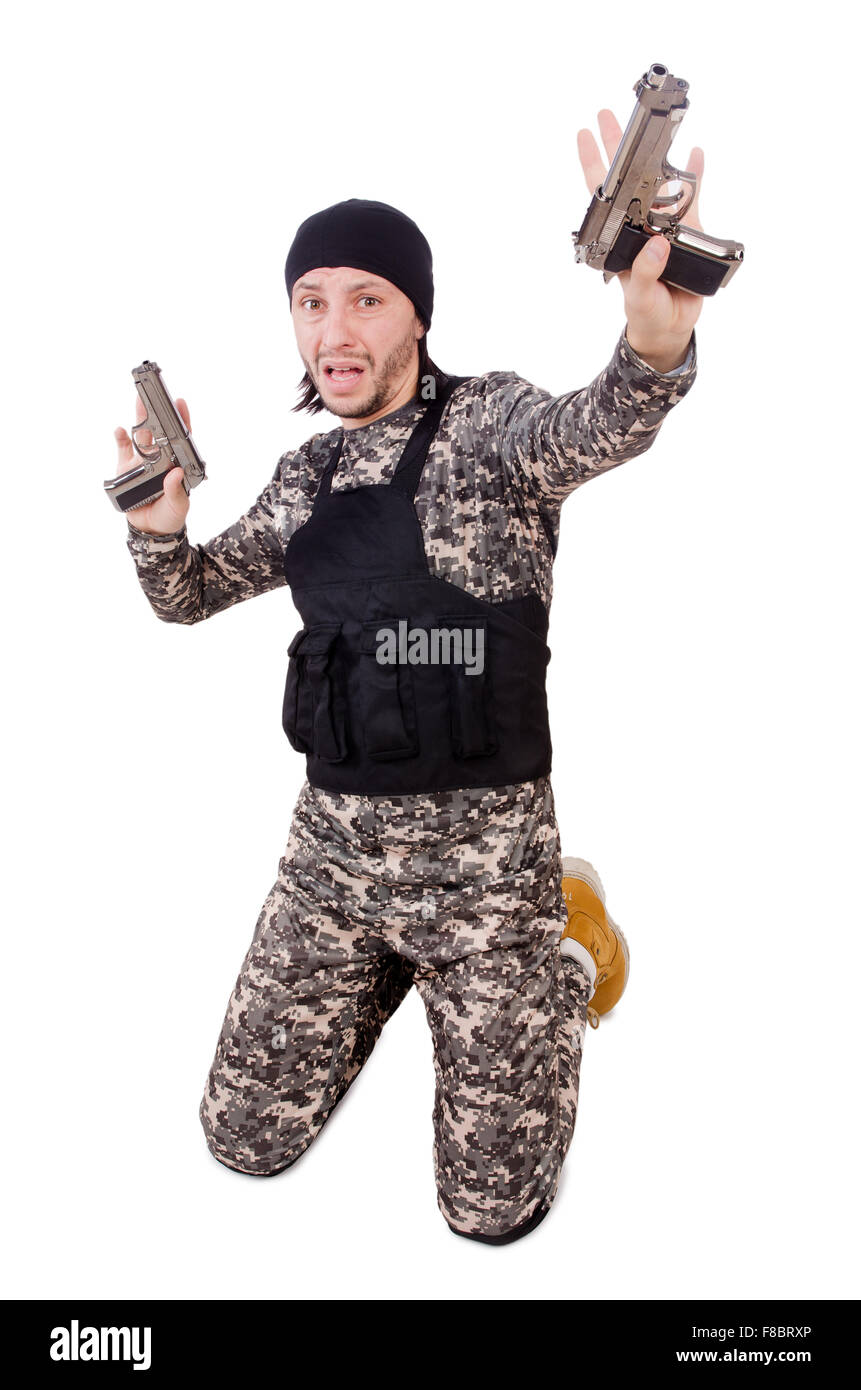 Surrendering man in military uniform holding gun isolated on white ...