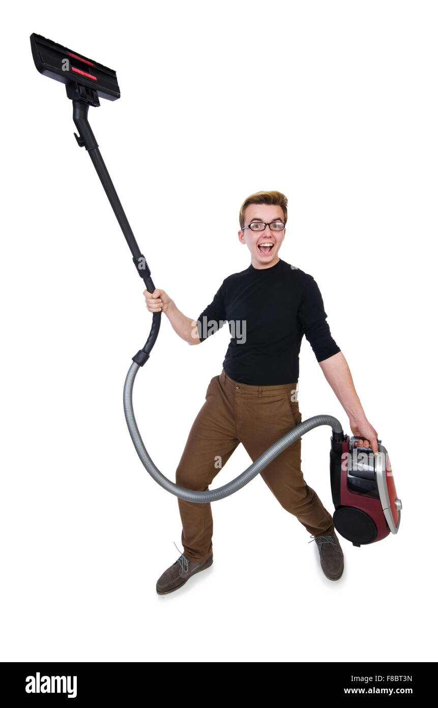 Funny man with vacuum cleaner on white Stock Photo - Alamy