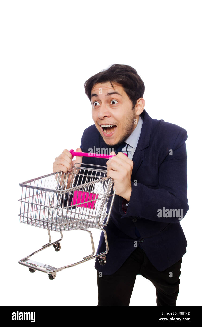 Funny man with shopping cart isolated on white Stock Photo - Alamy