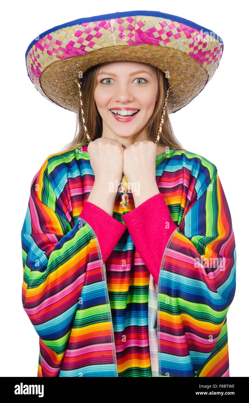 Pretty girl in mexican poncho isolated on white Stock Photo - Alamy