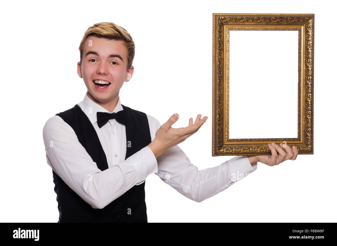 Young man holding frame isolated on white Stock Photo - Alamy