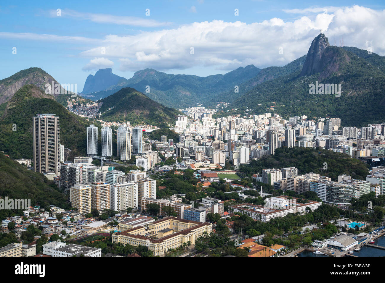 Aerial view of Rio with Corcovado mountain and high-rise blocks seen ...