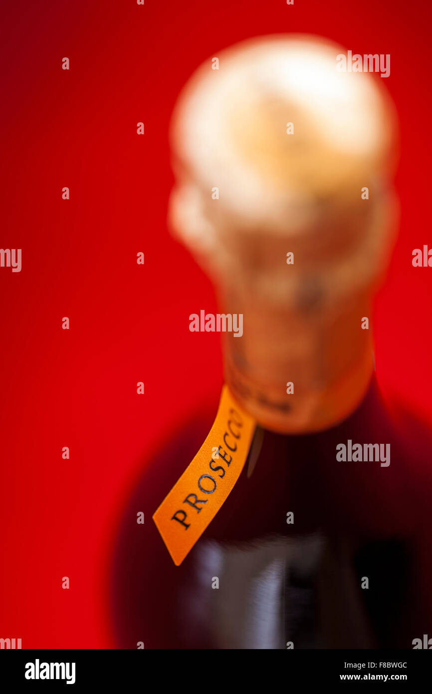 Close up detail of the label and neck of a bottle of Italian Prosecco ...