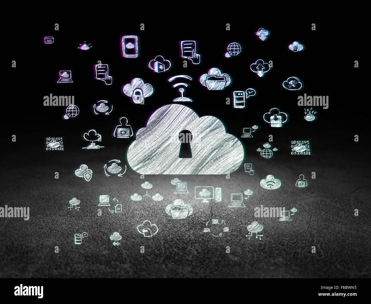 Cloud technology concept: Cloud With Keyhole in grunge dark room Stock ...