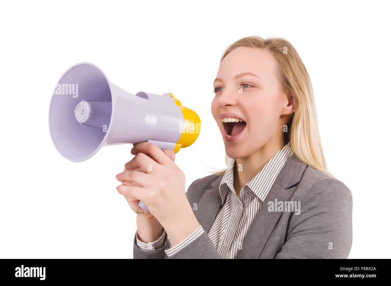 Businesslady with megaphone isolated on white Stock Photo - Alamy