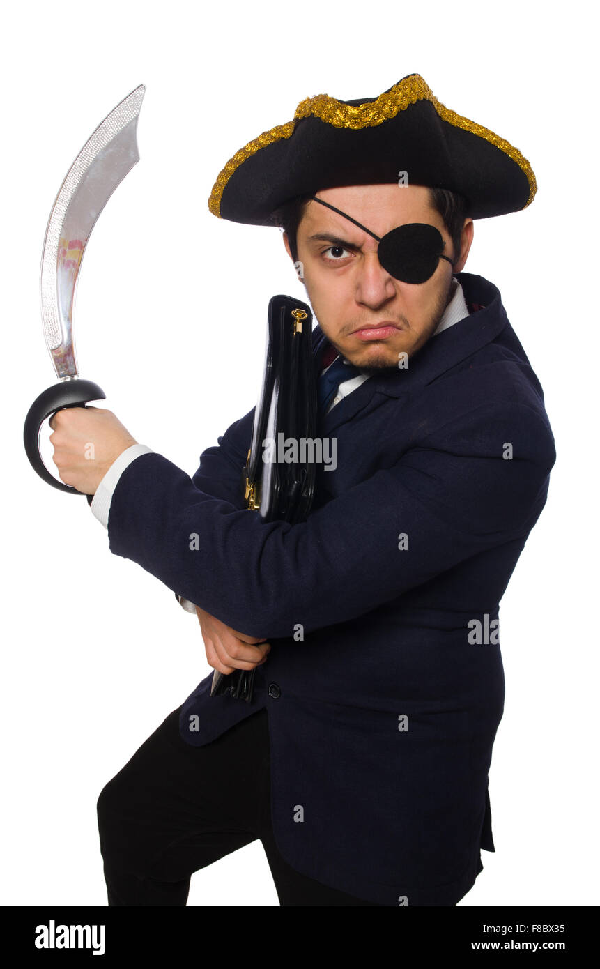 One eyed pirate with briefcase and sword isolated on white Stock Photo ...