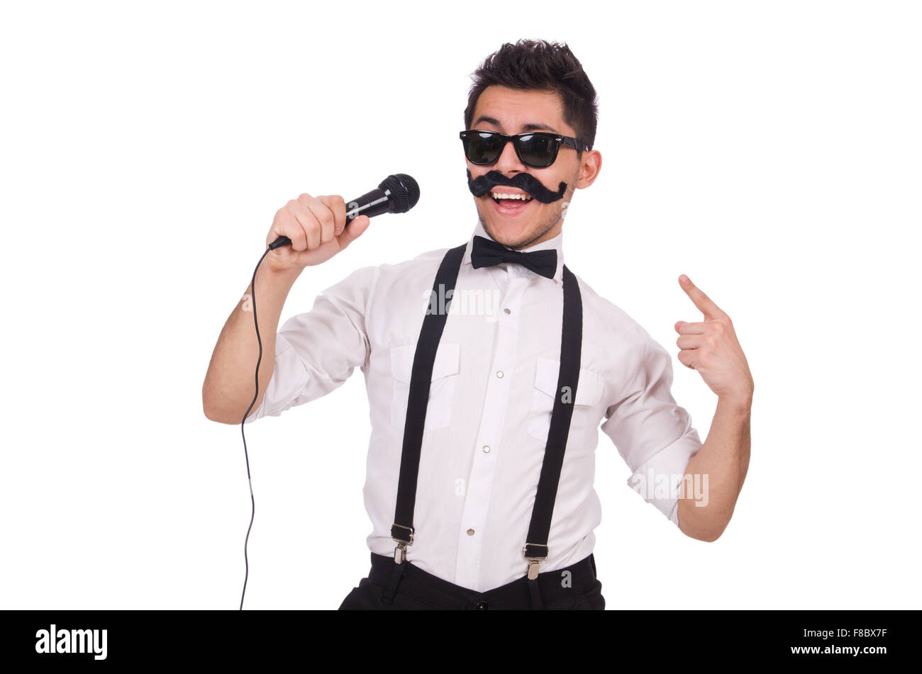 Funny man with mic isolated on white Stock Photo - Alamy