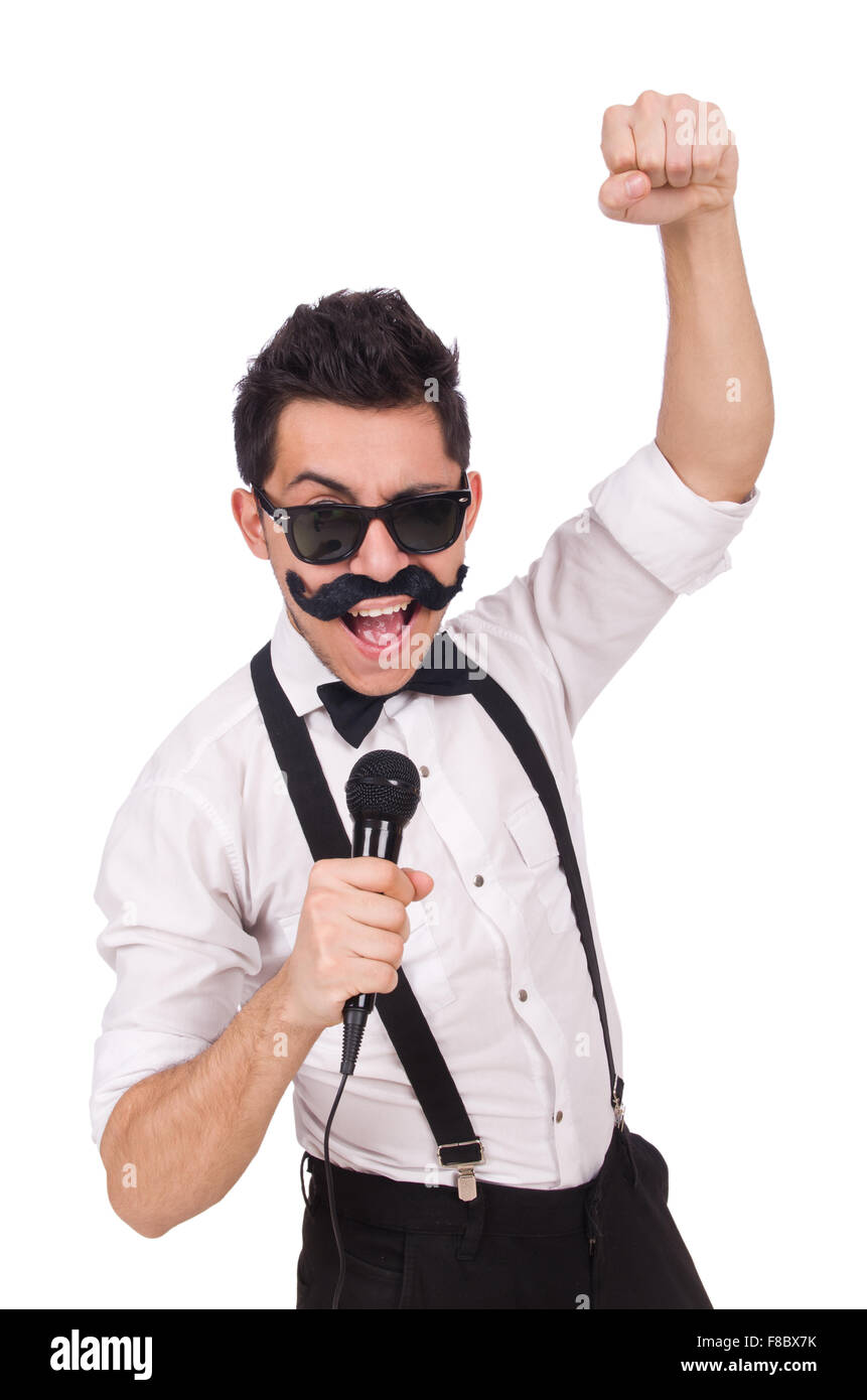 Funny man with mic isolated on white Stock Photo - Alamy