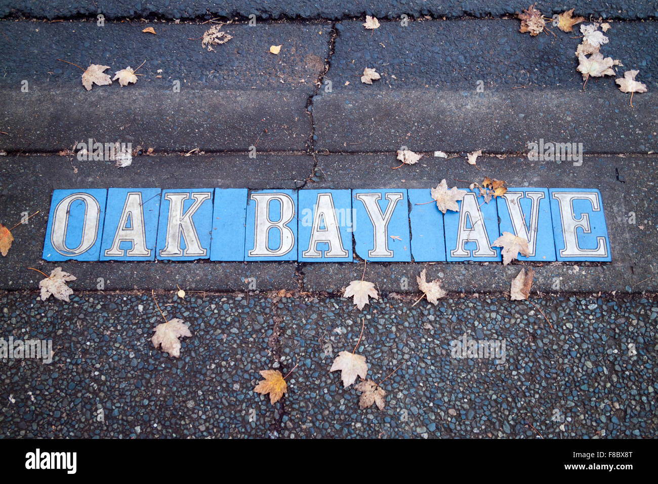 A blue tile sign embedded in the road at Oak Bay Avenue in Oak Bay ...