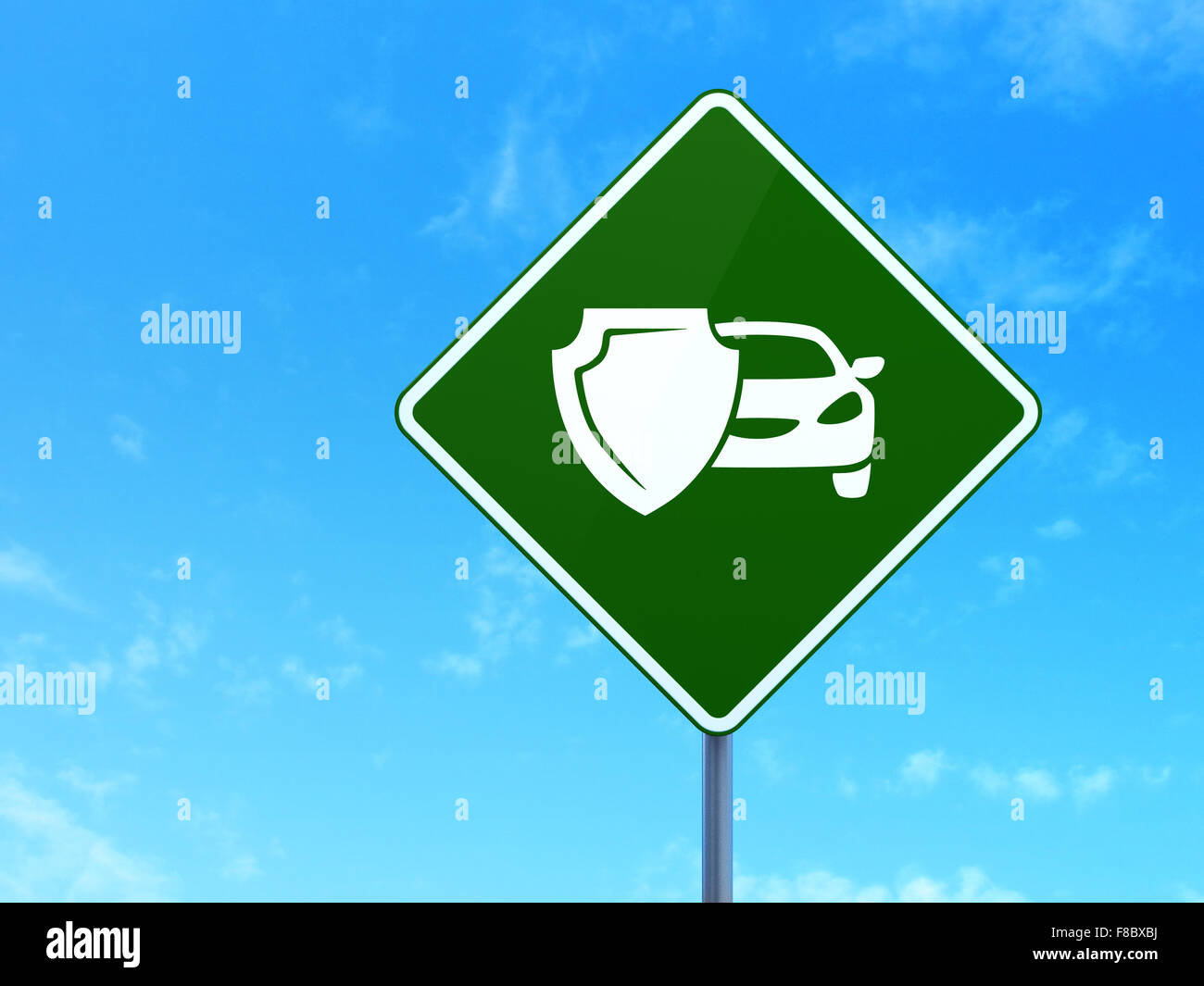 Insurance concept: Car And Shield on road sign background Stock Photo ...