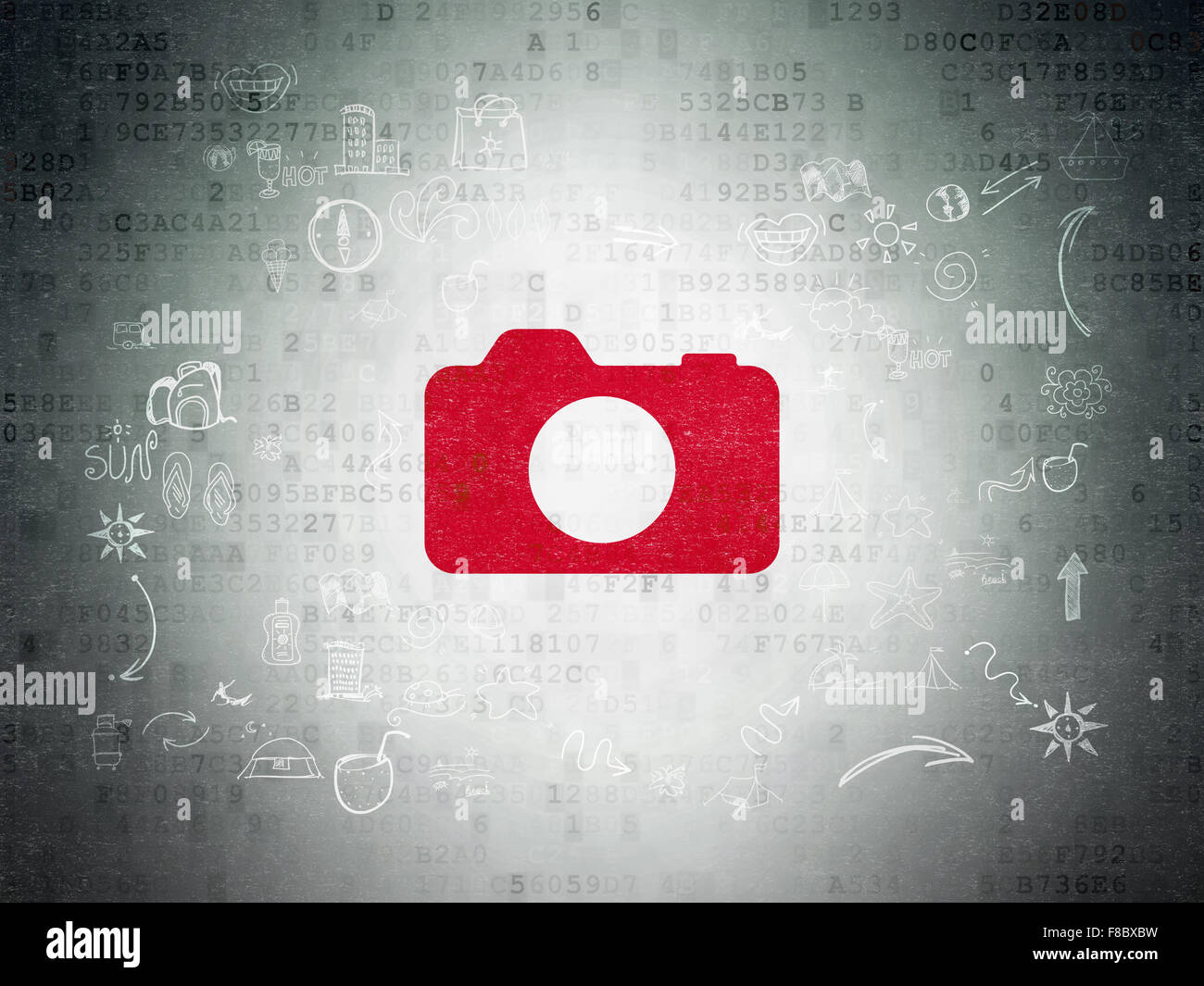 Travel concept: Photo Camera on Digital Paper background Stock Photo ...