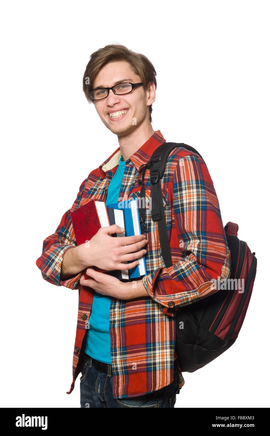 Funny student with books isolated on white Stock Photo - Alamy