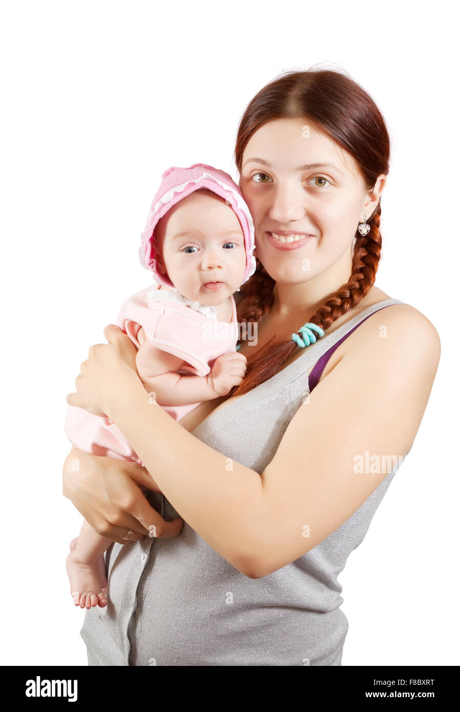 Happy mother with 2 month baby, Isolated over white background Stock ...