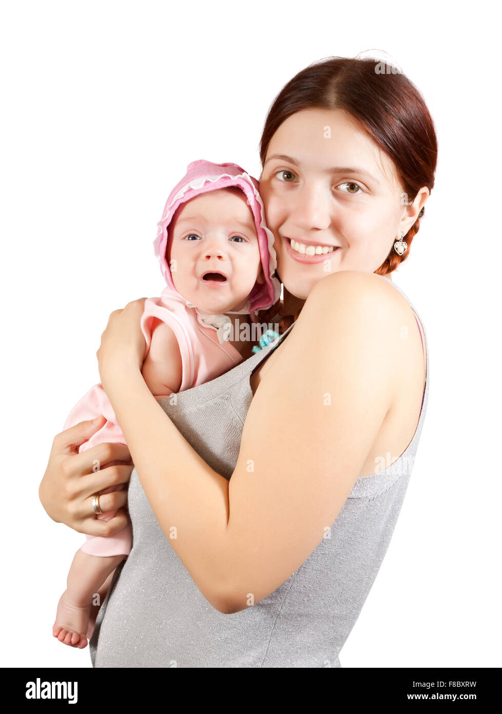 Happy mother with 2 month baby, Isolated over white background Stock ...