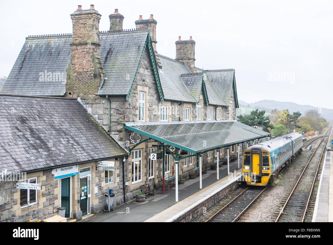 Local Arriva train at Machynlleth train station,Ceredigion,Mid Wales, U ...