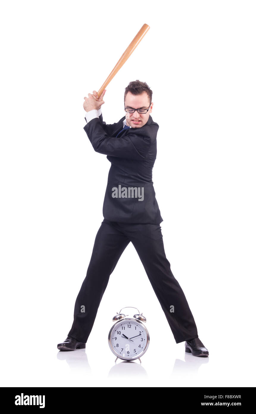 Man hitting the clock with baseball bat isolated on the white Stock ...