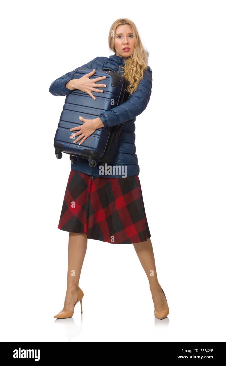 Pretty female model in blue jacket isolated on white Stock Photo - Alamy