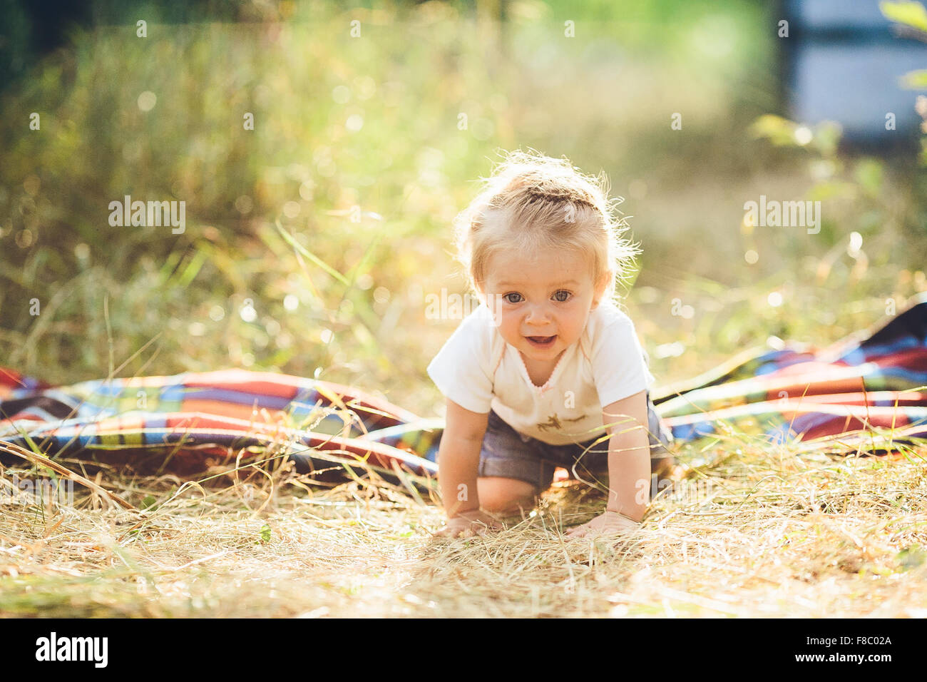 little girl crawling on the lawn Stock Photo - Alamy