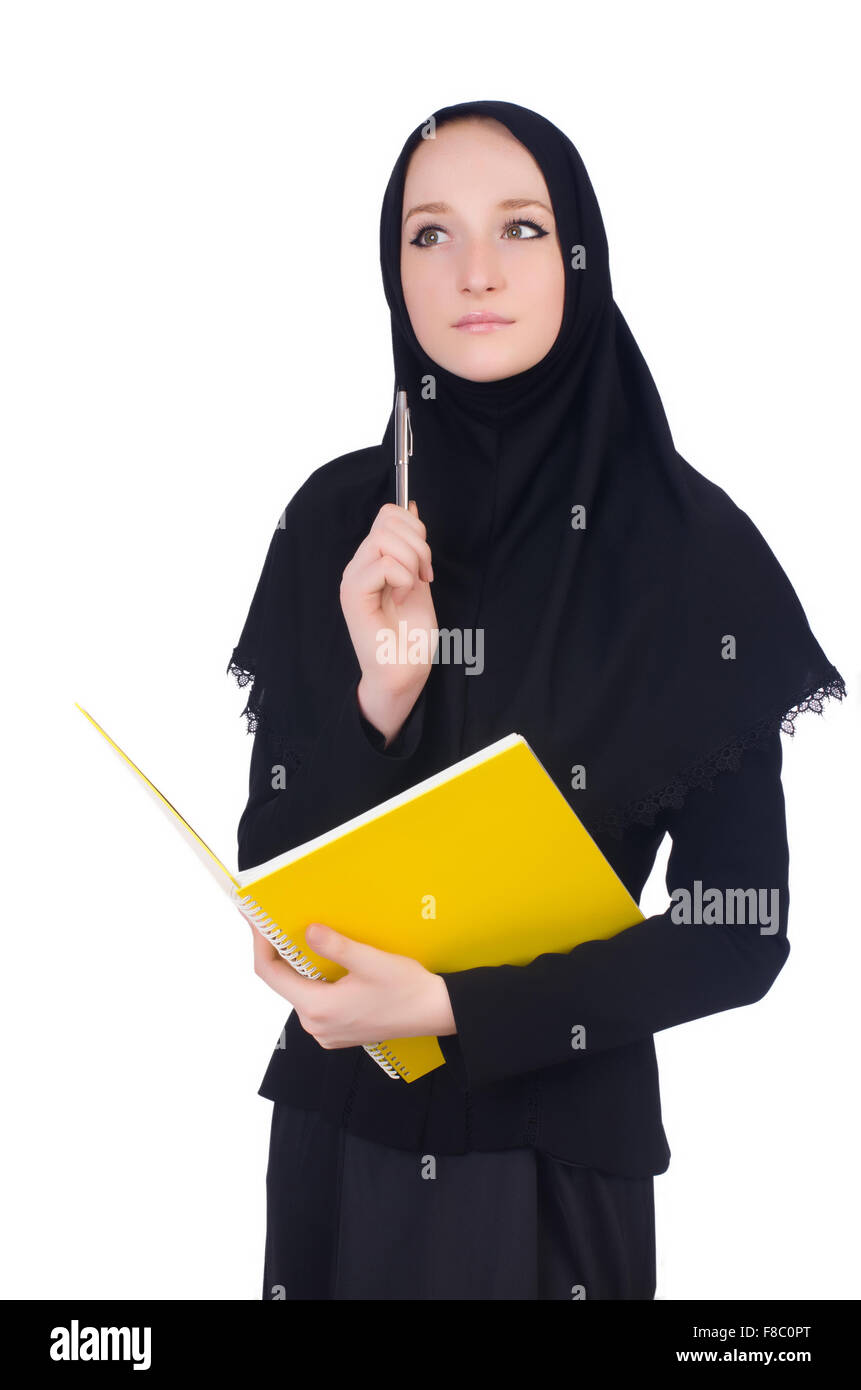 Young muslim student with books on white Stock Photo - Alamy