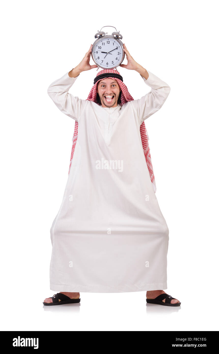 Arab man in time concept on white Stock Photo - Alamy