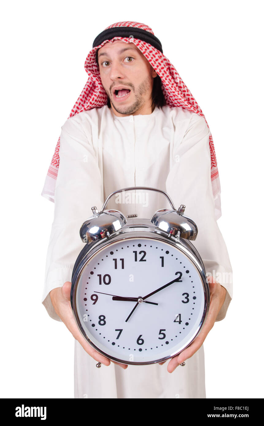 Arab man in time concept on white Stock Photo - Alamy