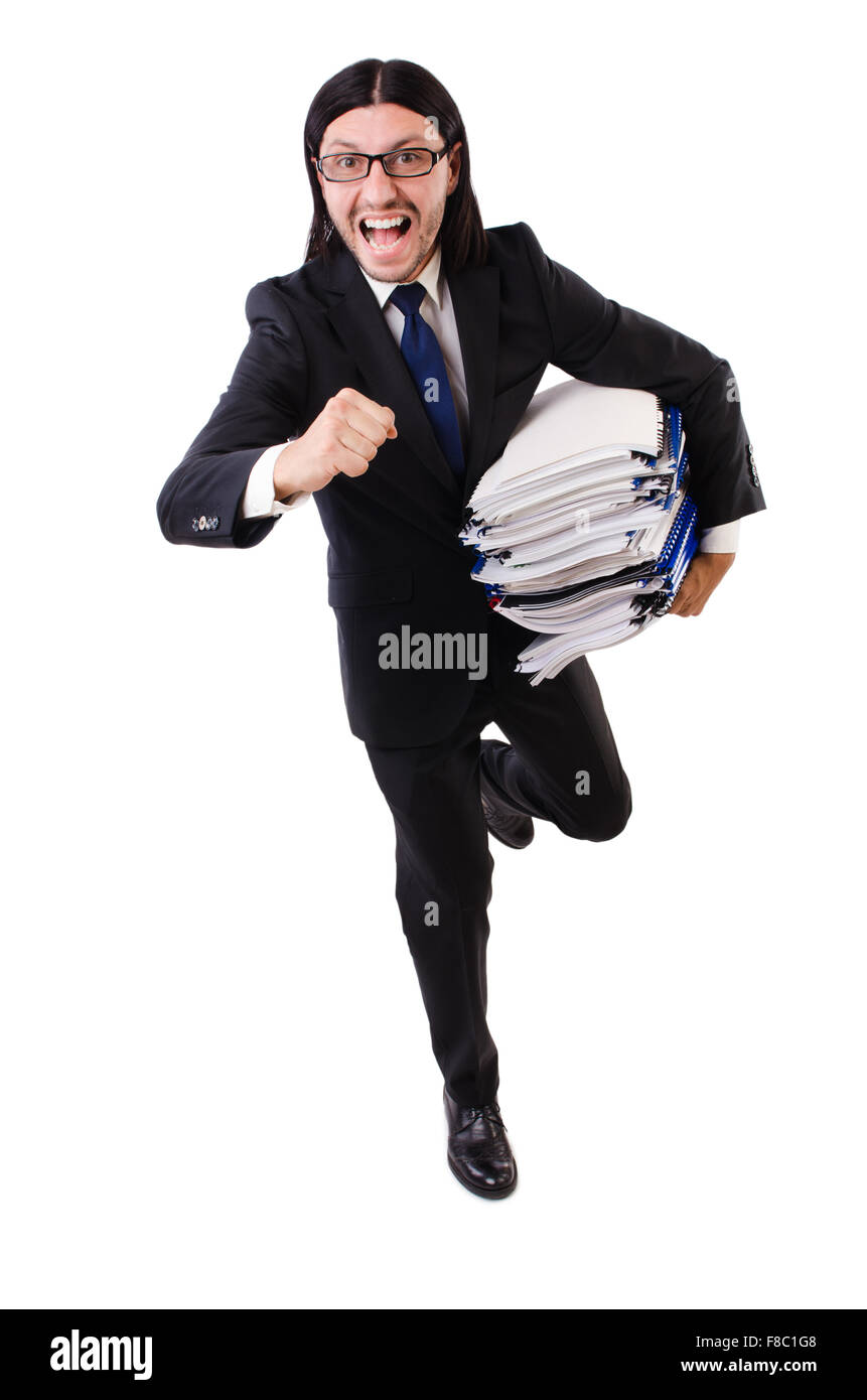Funny man with lots of papers on white Stock Photo - Alamy