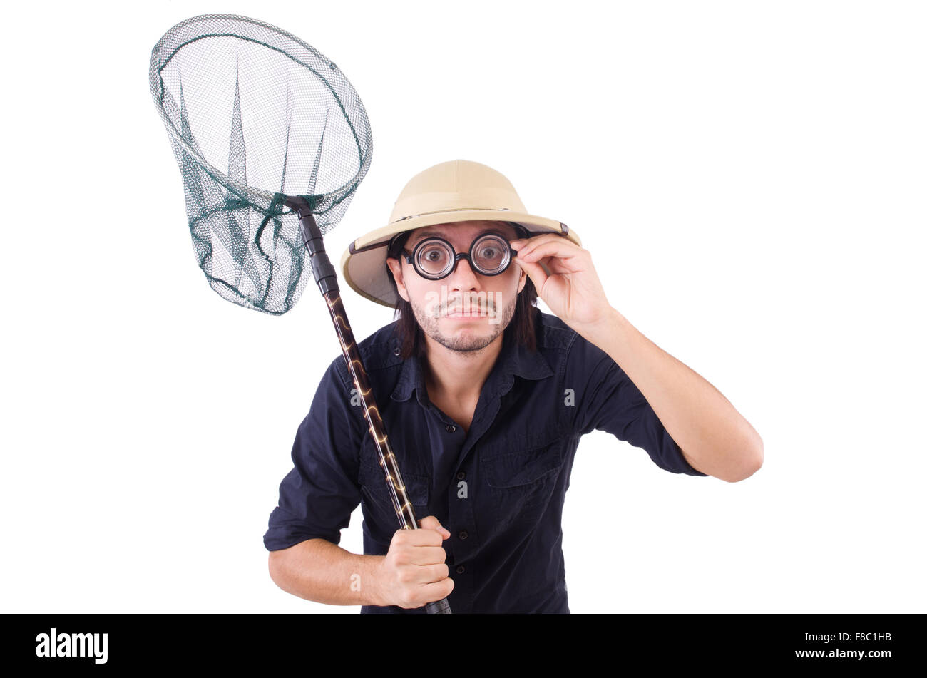 Funny guy with catching net on white Stock Photo - Alamy