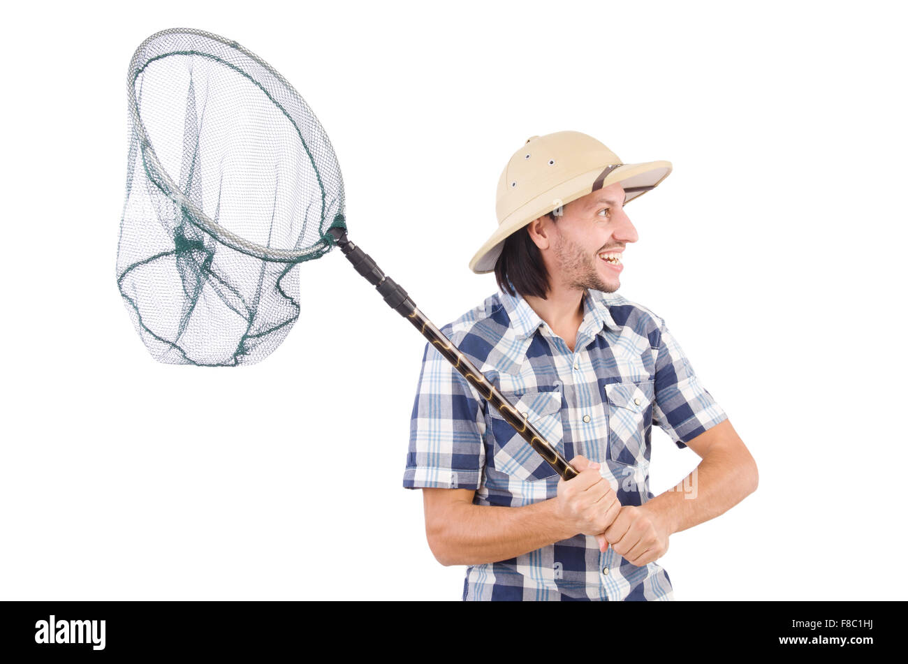 Funny guy with catching net on white Stock Photo - Alamy