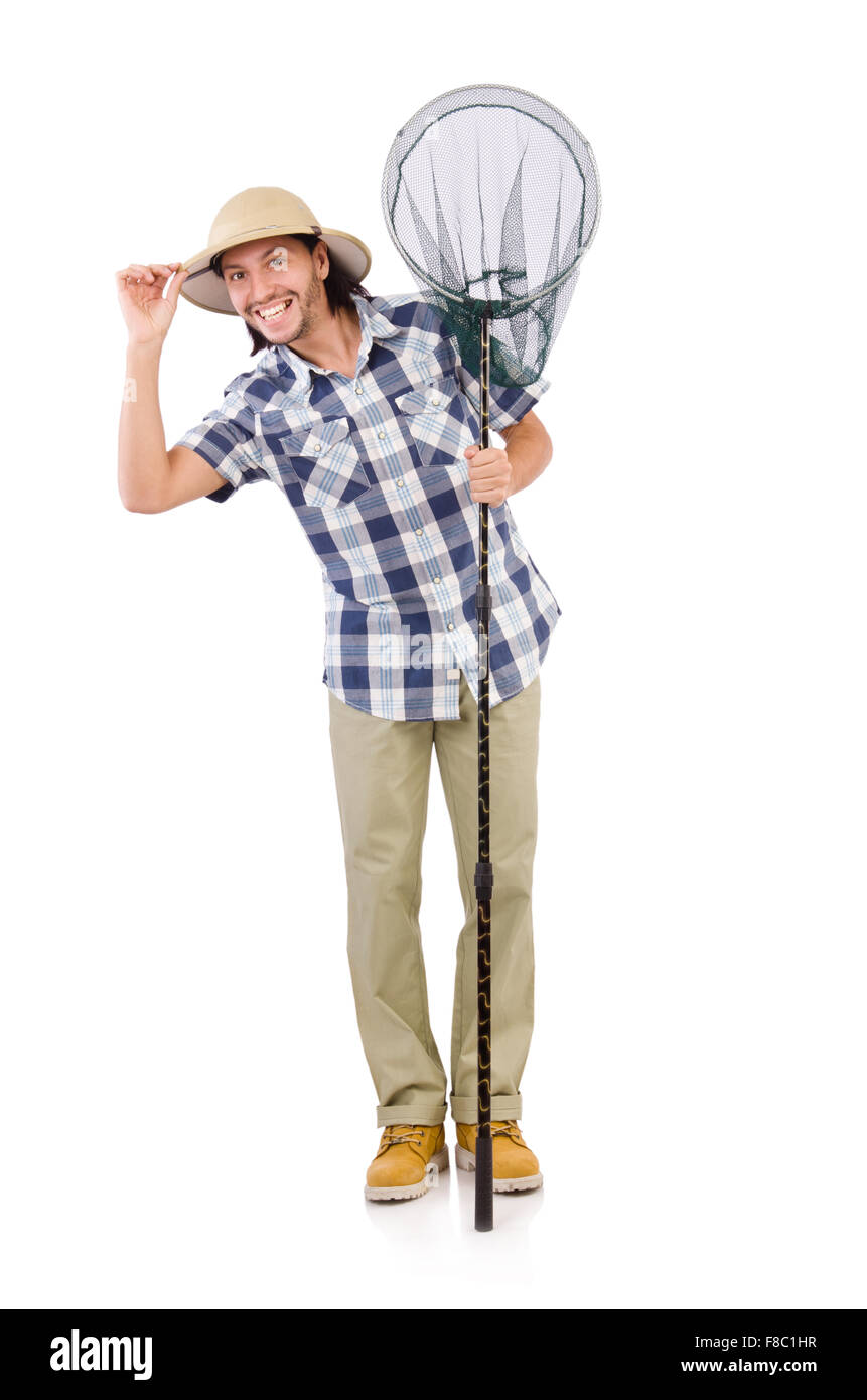 Funny guy with catching net on white Stock Photo - Alamy