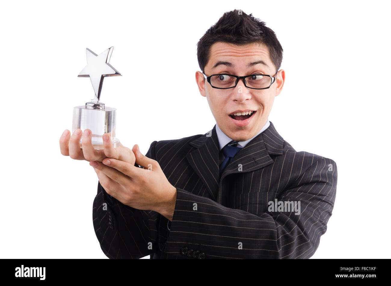 Funny guy receiving award on white Stock Photo - Alamy