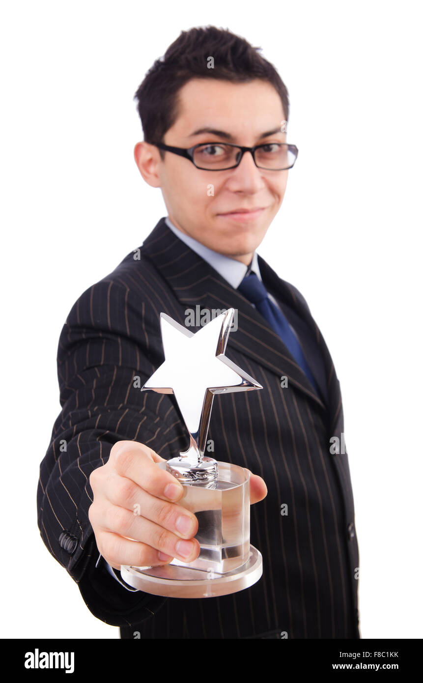 Funny guy receiving award on white Stock Photo - Alamy