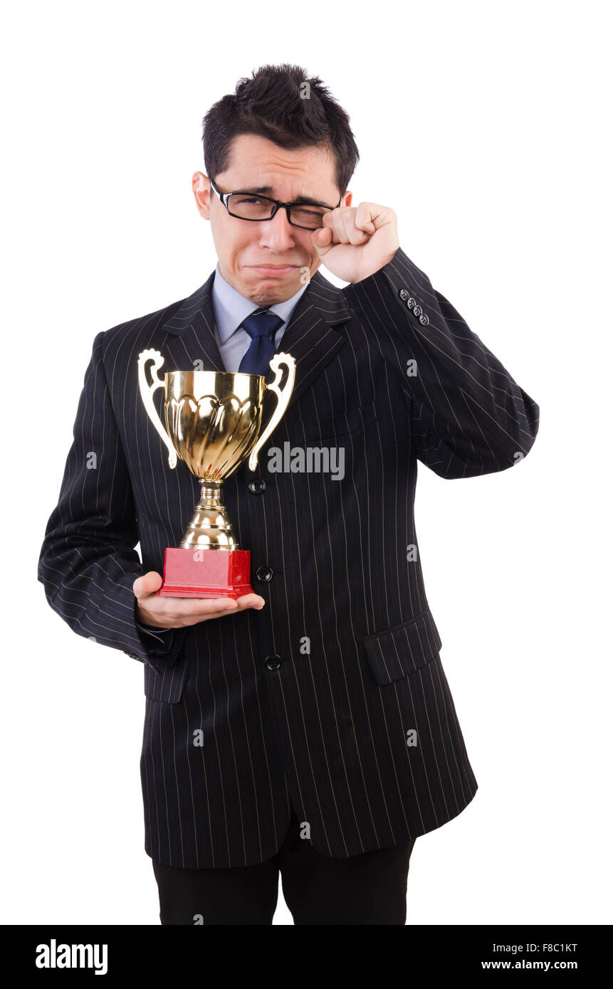 Funny guy receiving award on white Stock Photo - Alamy
