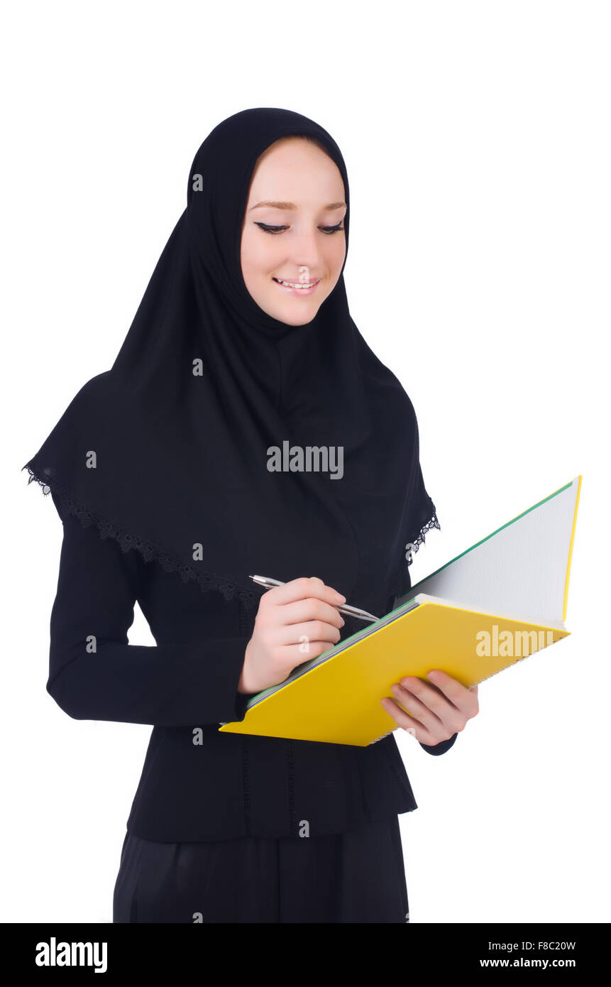 Young muslim student with books on white Stock Photo - Alamy