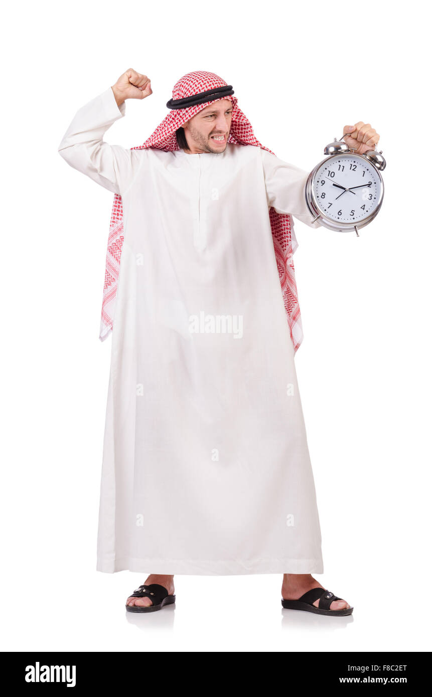 Arab man in time concept on white Stock Photo - Alamy