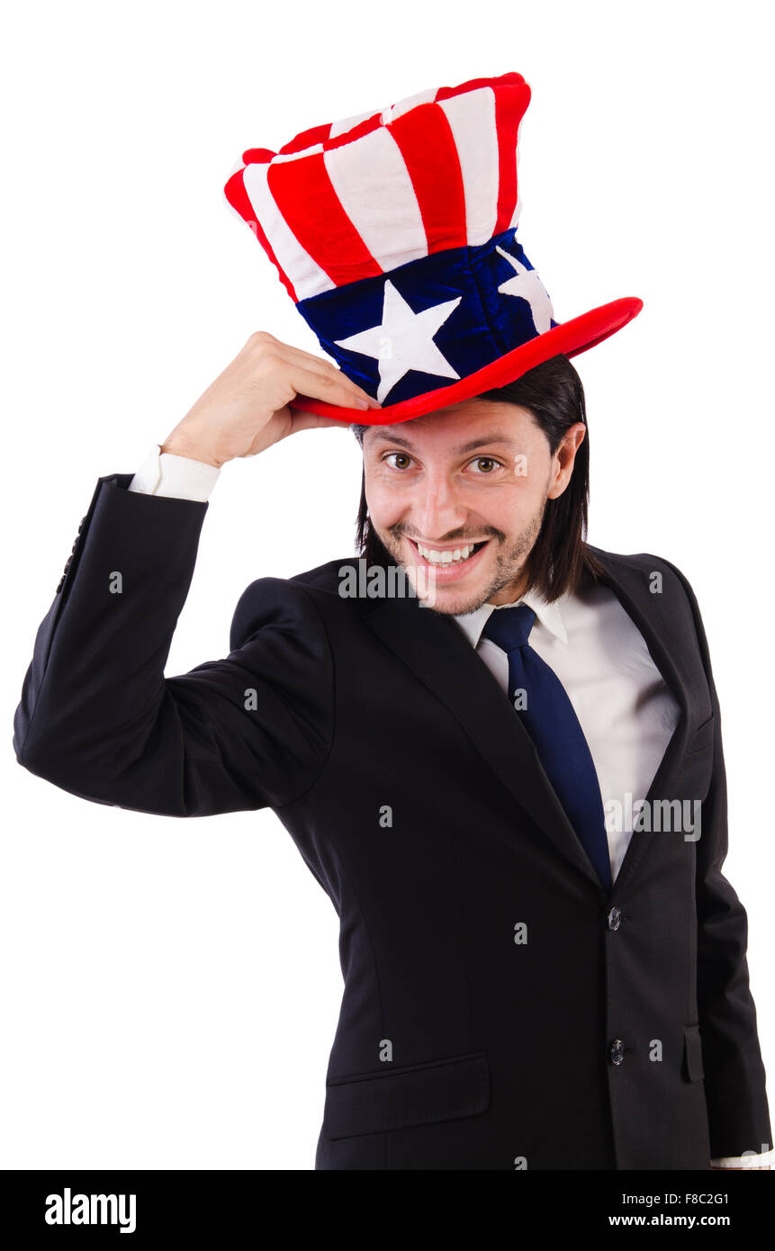 Man with american flag isolated on white Stock Photo - Alamy