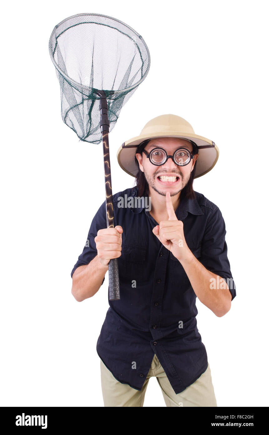 Funny guy with catching net on white Stock Photo - Alamy