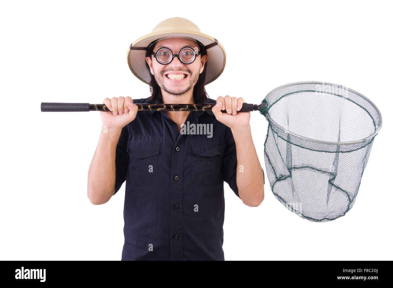 Funny guy with catching net on white Stock Photo - Alamy