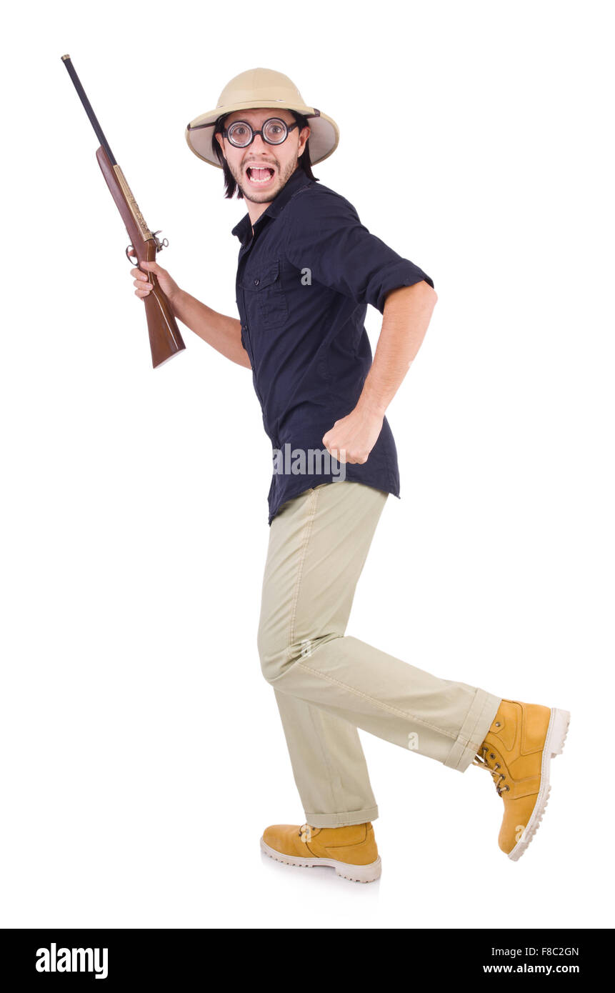 Funny hunter wearing safari hat Stock Photo - Alamy