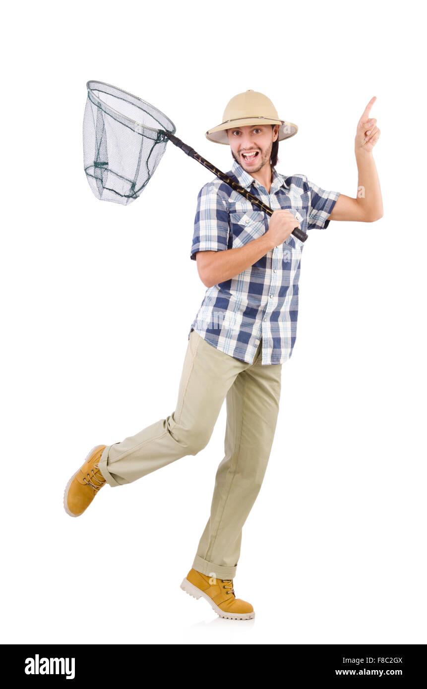Funny guy with catching net on white Stock Photo - Alamy