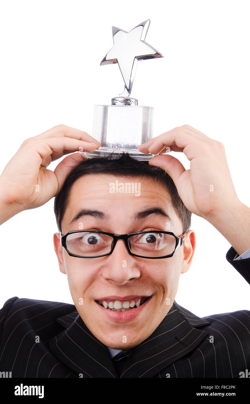 Funny guy receiving award on white Stock Photo - Alamy