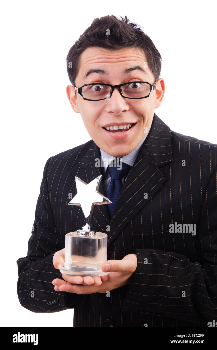 Funny guy receiving award on white Stock Photo - Alamy