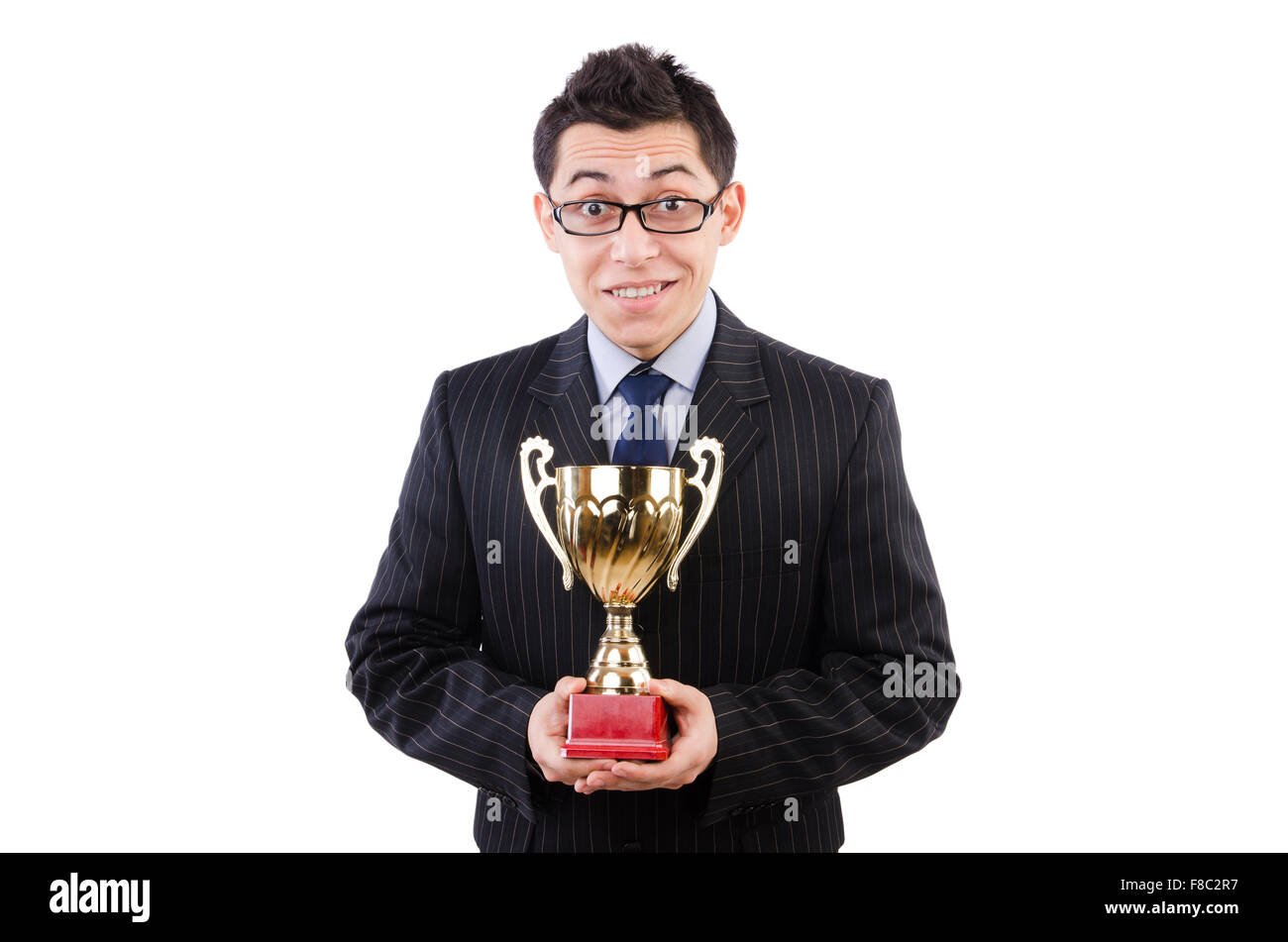 Funny guy receiving award on white Stock Photo - Alamy