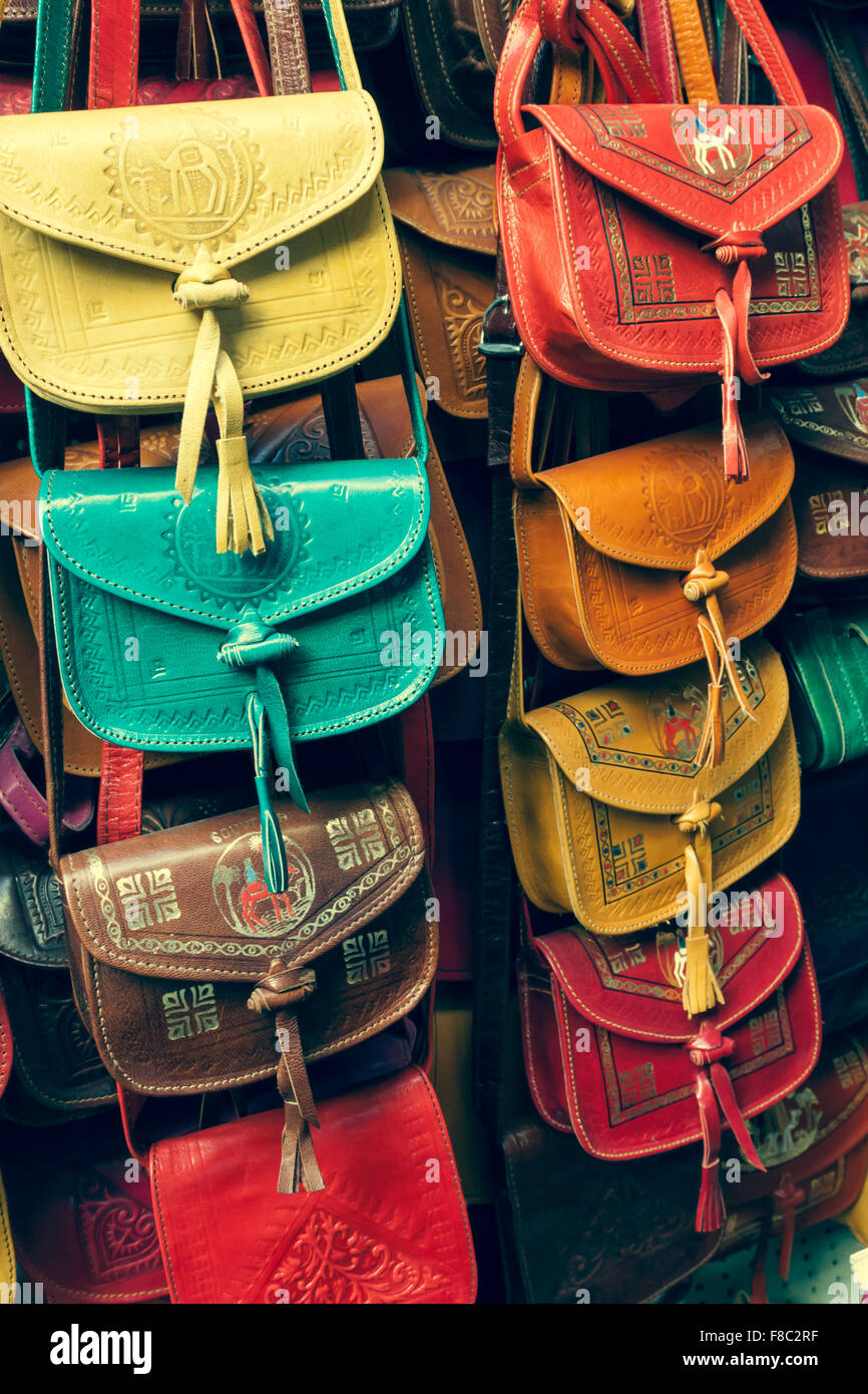 Colorful leather handbags collection on Tunis market Stock Photo - Alamy